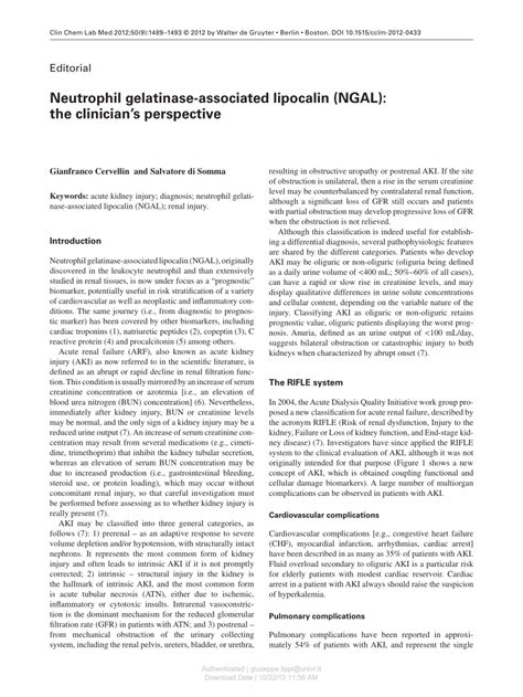 Pdf Neutrophil Gelatinase Associated Lipocalin Ngal The Clinician