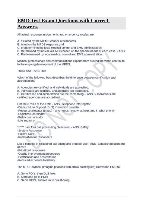 EMD Test Exam Questions With Correct Answers Exams Community Corrections Docsity
