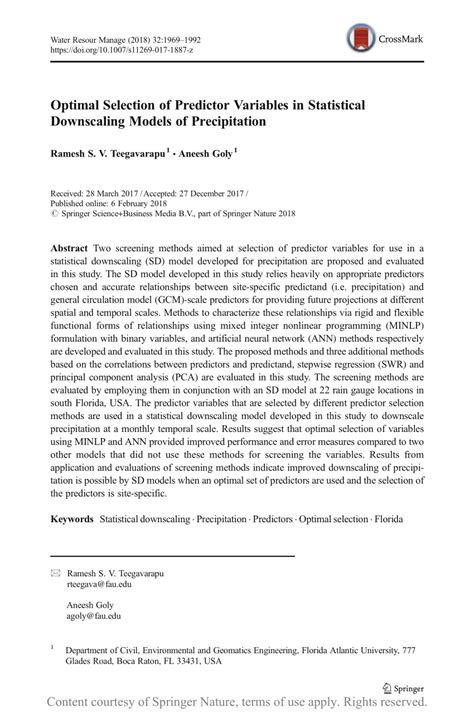 Optimal Selection Of Predictor Variables In Statistical Downscaling Models Of Precipitation