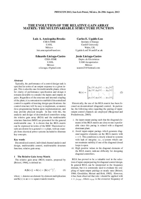 Pdf The Evolution Of The Relative Gain Array Matrix The