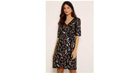 Sosandar Black Metallic Feather Print Wrap Front Dress Lyst Uk