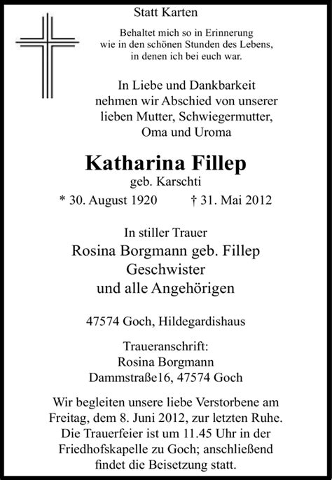 Traueranzeigen Von Katharina Fillep Trauer In Nrw De