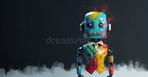 Brain Robot Stands Animated With Thick Multicolored Smoke Full Body