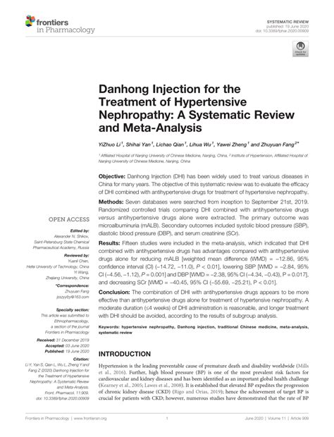 PDF Danhong Injection For The Treatment Of Hypertensive Nephropathy A Systematic Review And