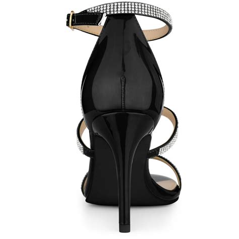 Allegra K Rhinestone Ankle Strap Stiletto High Heel Black Sandals