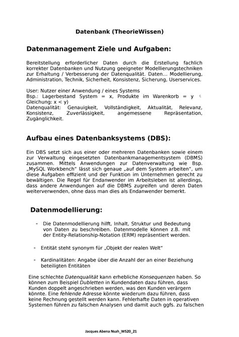 Datenbank Theorie Wissen Jacques Abena Nsah WS20 Datenbank