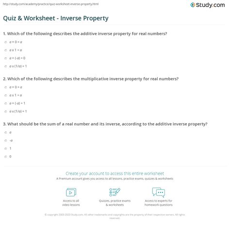 Quiz And Worksheet Inverse Property