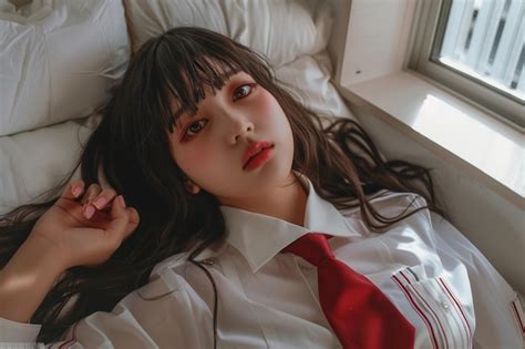 A Beautiful Japanese High School Girl In A White Shirt And Red Tie