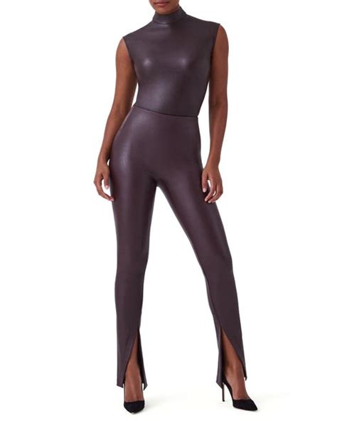 Spanx Mock Neck Faux Leather Thong Bodysuit In Purple Lyst