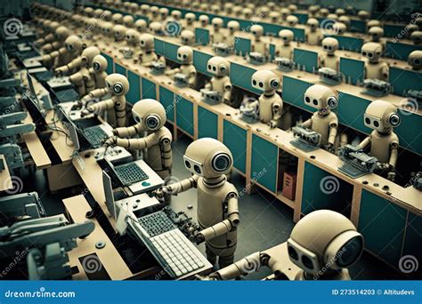 Factory Floor With Rows Of Androids Being Assembled By Robots Stock