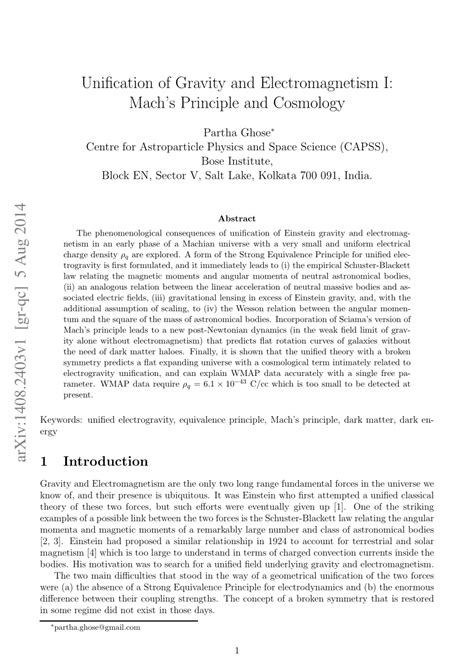 Pdf Unification Of Gravity And Electromagnetism I Machs Principle And Cosmology