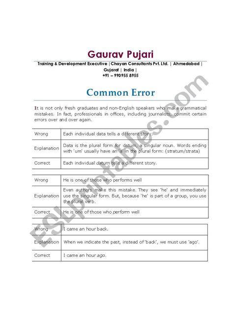 Find The Grammar Errors Worksheets
