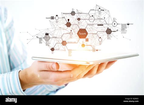 hand of businessman showing tablet pc as concept of connectivity 3d