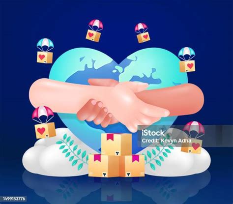 세계 인도주의의 날 하트 모양의 지구 배경에 낙하산으로 내려오는 기부 상자 요소와 함께 서로를 잡고 있는 한 쌍의 손 하트 모양에 대한 스톡 벡터 아트 및 기타 이미지