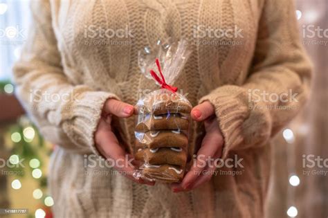 손에 크리스마스 진저 브레드 쿠키를 들고 니트 풀오버에 여자 선택적 초점 스웨터에 대한 스톡 사진 및 기타 이미지 스웨터