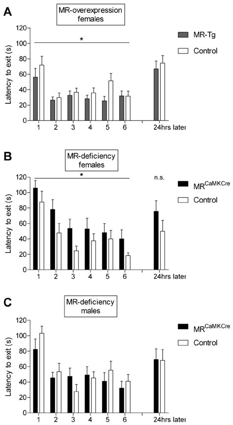 spatial task latency to the exit hole over six training trials and