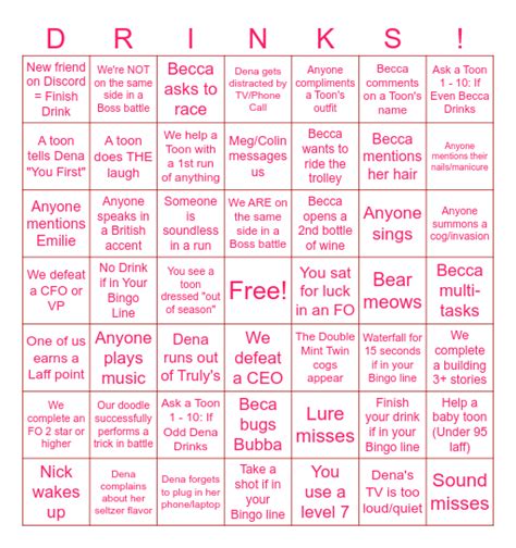 Ttr Drinking Bingo Card