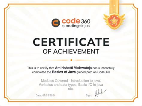 Vishwa Teja On Linkedin Codingninja Code360 Basicsofjava Certificateofachievement