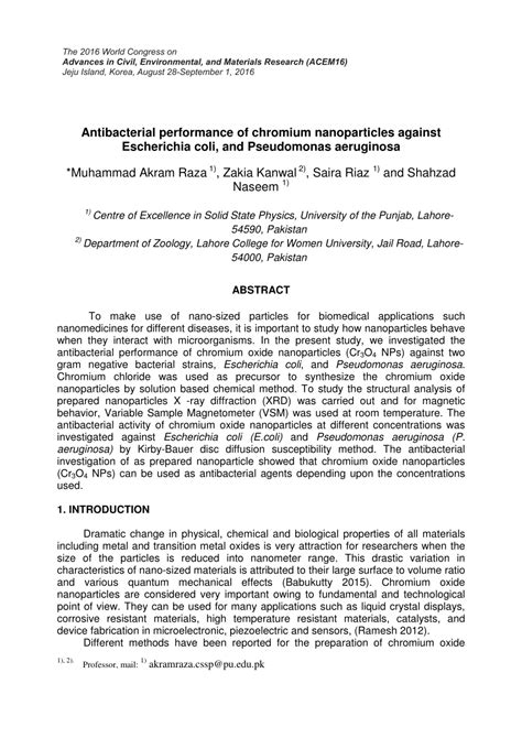 Pdf Antibacterial Performance Of Chromium Nanoparticles Against Escherichia Coli And