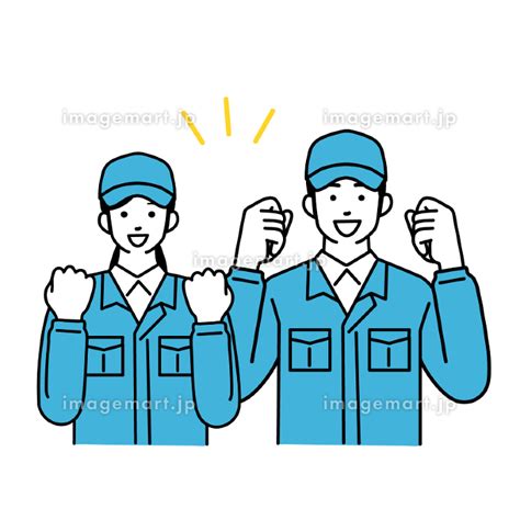 ガッツポーズをする作業服を着た男女の配達員のシンプルなイラスト 225430665 イメージマート