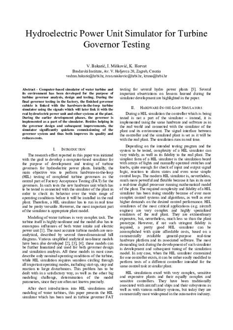 Pdf Hydroelectric Power Unit Simulator For Turbine Governor Testing