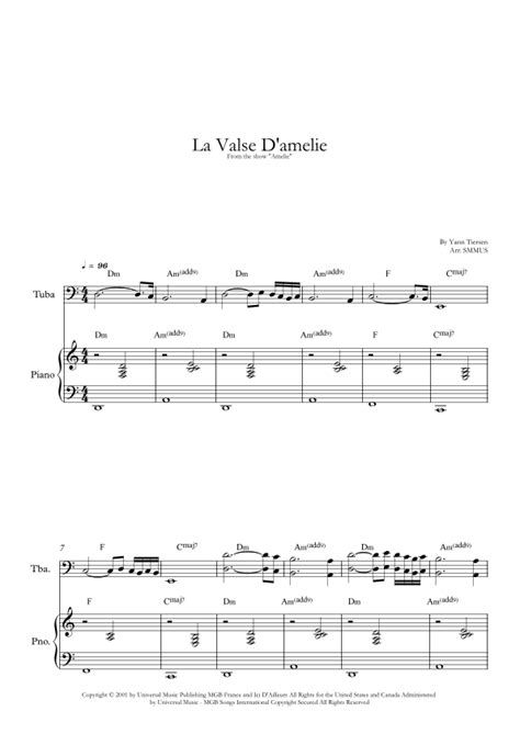 La Valse D Amelie Arr SMMUS By Yann Tiersen Sheet Music For Tuba And