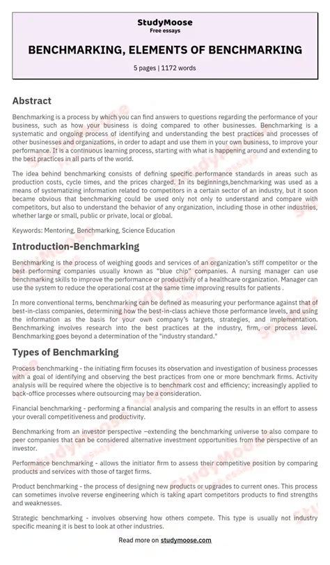 Benchmarking Elements Of Benchmarking Free Essay Example