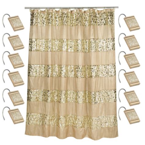 Solid Gold Sequin Glam Shower Curtain Fabric Bathroom Hooks 72 In