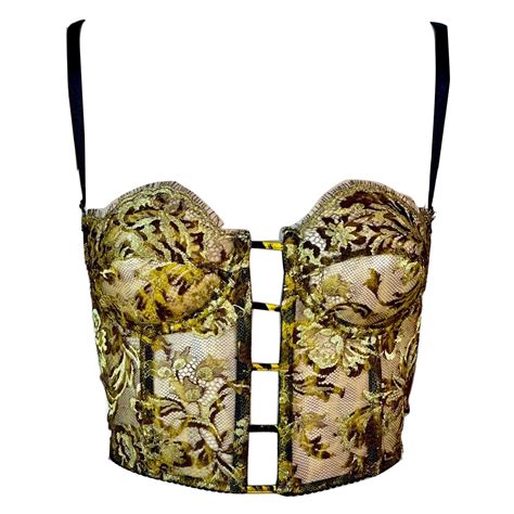 Gianni Versace Ss 1992 Unworn Sheer Gold Embroidered Lace Bustier Bra