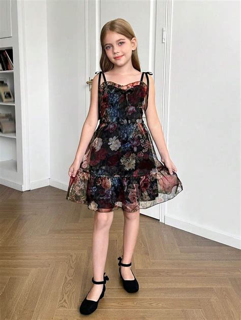 Tween Girls Elegant Full Black Floral Print Gorgeous 2in1 Dress With