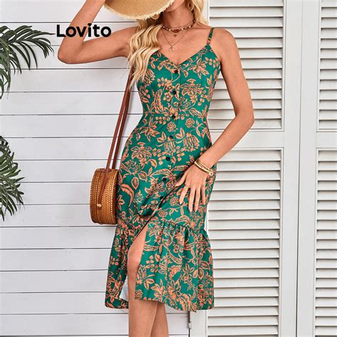 Lovito Vestido Casual Tropical Com Botões Na Frente E Babados Na Bainha