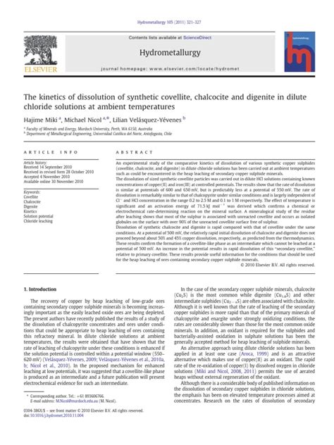 The Kinetics Of Dissolution Of Synthetic Covellite Chalcocite Pdf