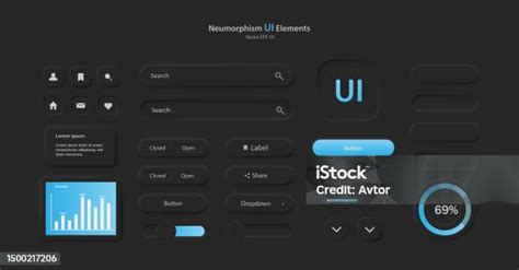 모바일 응용 프로그램에 대한 사용자 인터페이스 요소의 컬렉션입니다 검정색과 파란색으로 된 사용자 인터페이스 개발을 위한 아이콘 집합입니다 3차원 형태에 대한 스톡 벡터 아트