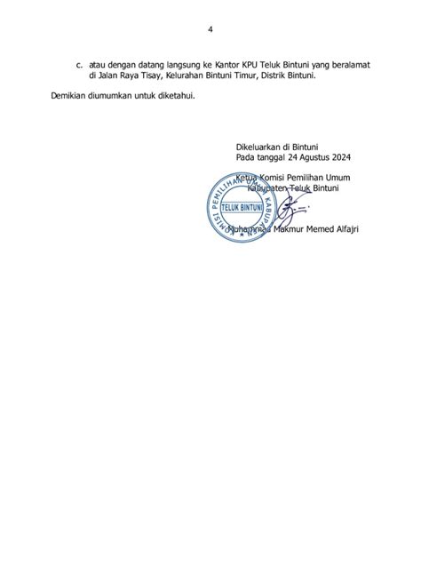 KPU Teluk Bintuni Umumkan Pendaftaran Calon Bupati Dan Wakil Bupati