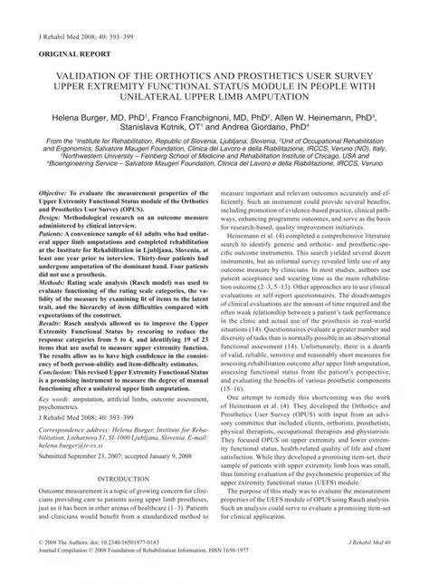 Pdf Validation Of The Orthotics And Prosthetics User Survey Upper Extremity Functional Status