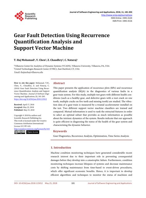 Pdf Gear Fault Detection Using Recurrence Quantification Analysis And