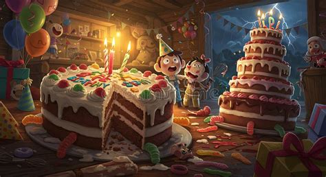 Animated Birthday Party Scene With Cake Balloons And Presents Stock