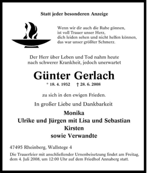 Traueranzeigen von Günter Gerlach Trauer in NRW de