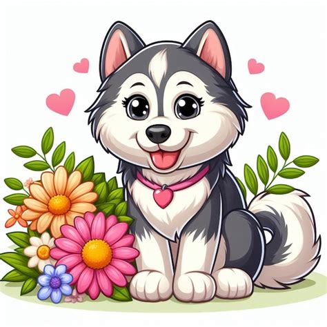 귀여운 시베리아 허스키 개와 꽃 터 만화 일러스트레이션 프리미엄 벡터