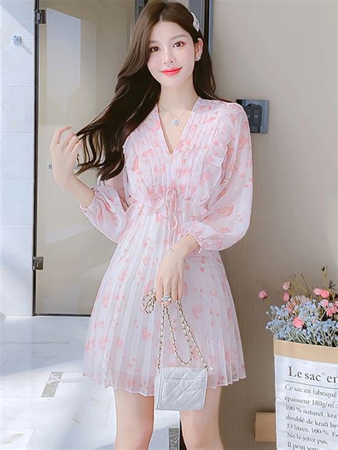 한국 패션 캐주얼 핑크 꽃 무늬 쉬폰 미니 드레스 여성용 블루 긴 소매 우아한 바디콘 파티 드레스 2023 봄