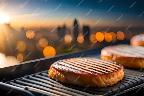 Premium Ai Image Grilled Chicken On A Grill With Cityscape In The