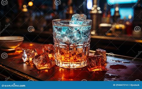 Nightclub Bar Counter Pouring Whiskey Into Highball Glass Ice Cubes