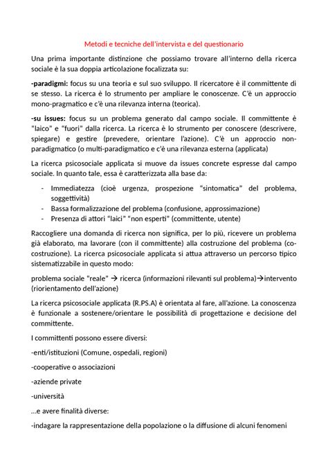 Metodi E Tecniche Dellintervista E Del Questionario Appunti Di