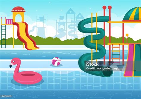 수영장 놀이 슬라이드 레크리에이션을위한 야자수 및 플랫 카툰 일러스트레이션의 야외 놀이터가있는 워터 파크 아이에 대한 스톡 벡터 아트 및 기타 이미지 Istock