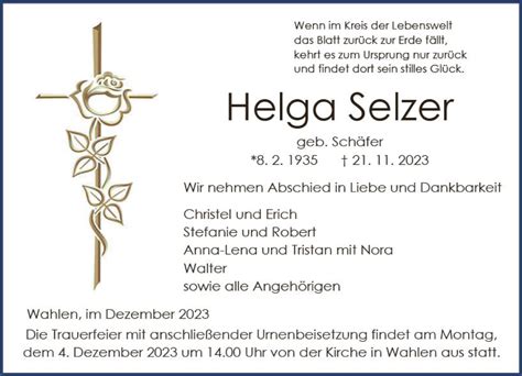 Traueranzeigen Von Helga Selzer Vrm Trauer De