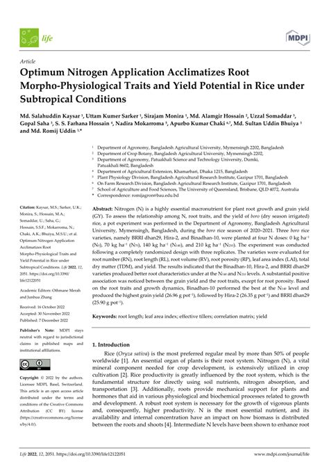 Pdf Optimum Nitrogen Application Acclimatizes Root Morpho Physiological Traits And Yield