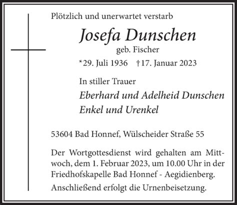 Traueranzeigen Von Josefa Dunschen WirTrauern