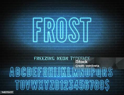 벽돌 벽 배경에 숫자가 있는 좁은 파란색 네온 글꼴입니다 벡터 중공 서리 야간 조명 상자 기호 Fashion Show에 대한 스톡 벡터 아트 및 기타 이미지 Istock