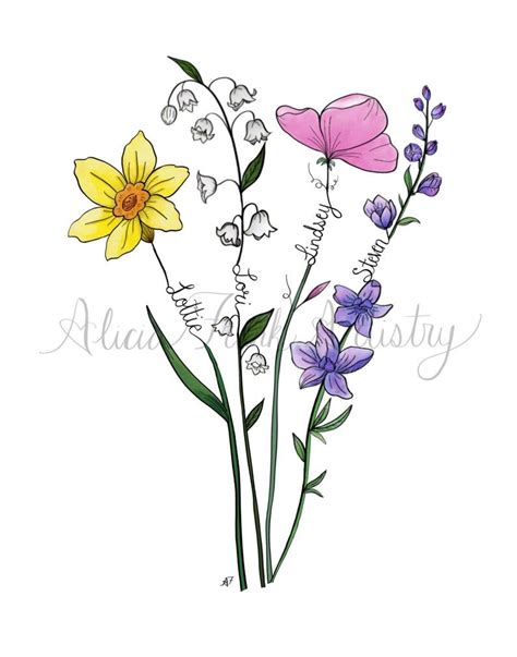 Names Included Birth Flower Bouquet Custom Print Custom Etsy Flower