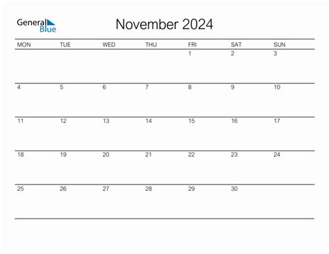 November 2024 Monday Start Calendar PDF Excel Word